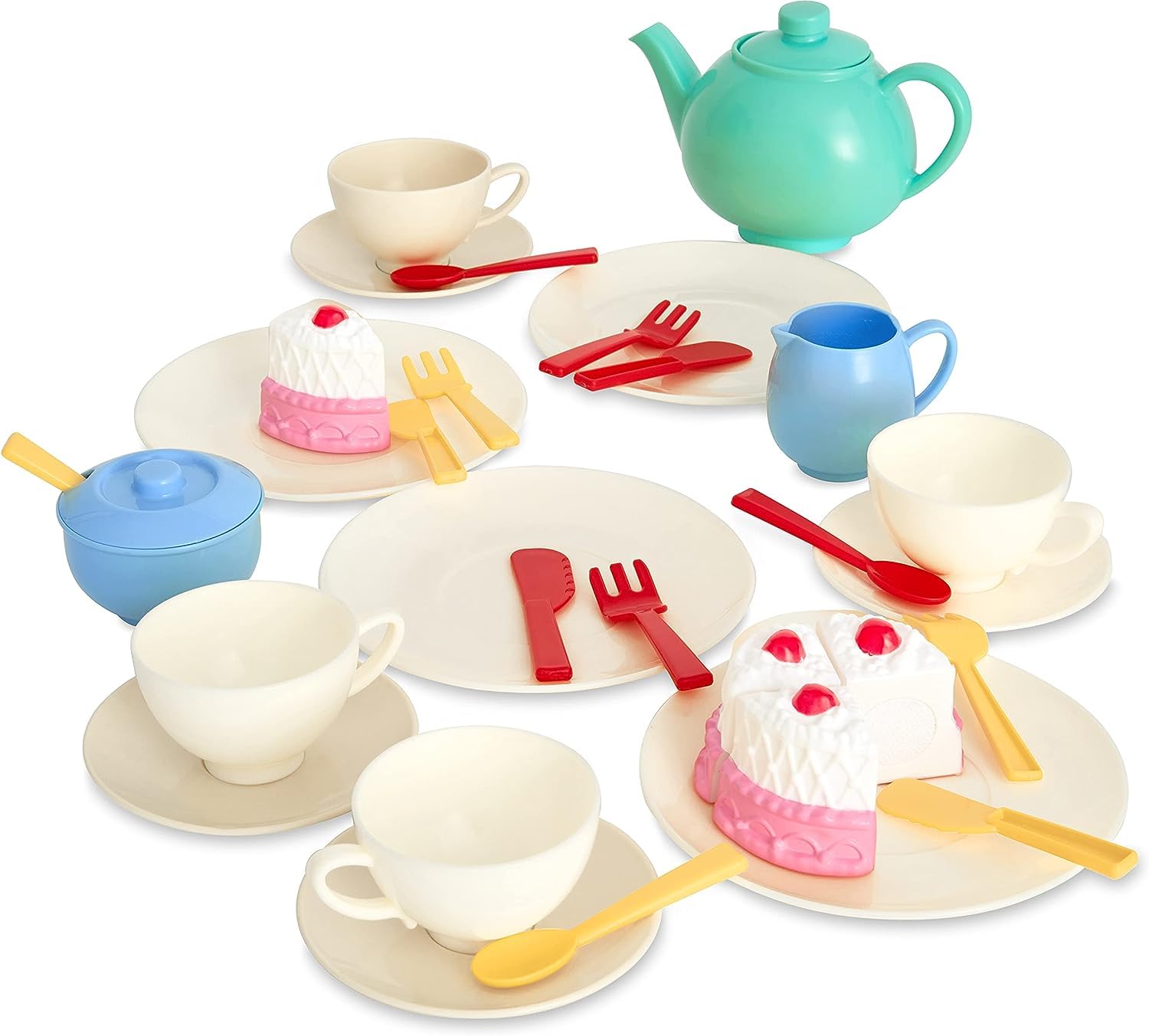 Casdon 36-Piece Tea Set - Colorful Toy Playset with Teapot, Milk Jug, Cups & Saucers, Cake, & More - Suitable for Preschool Toys - Playset for Children Aged 3+