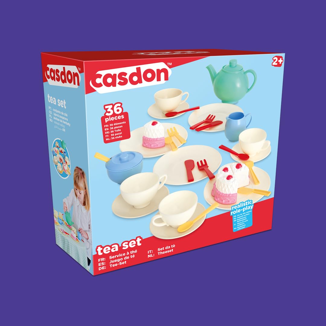 Casdon 36-Piece Tea Set - Colorful Toy Playset with Teapot, Milk Jug, Cups & Saucers, Cake, & More - Suitable for Preschool Toys - Playset for Children Aged 3+