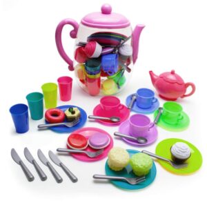 boley kitchen toys tea party set - includes 1 tea pot and 38 tea accessories - educational and pretend play toys for kids, children, toddlers - durable plastic toy set for boys and girls