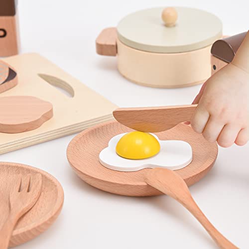 Atoylink Play Kitchen Accessories Wooden Toys Pots and Pans for Kids 23Pcs Montessori Kitchen Pretend Play Food Cooking Set for Toddler Boys Girls Age 2 3 4 5 Birthday Gifts