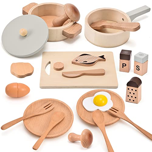 Atoylink Play Kitchen Accessories Wooden Toys Pots and Pans for Kids 23Pcs Montessori Kitchen Pretend Play Food Cooking Set for Toddler Boys Girls Age 2 3 4 5 Birthday Gifts