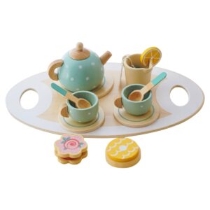 toy tea set, wooden pretend play tea party set, tea time toy set, role play toy kitchen accessories, dessert food playset interactive simulation teacup toy for toddlers kids