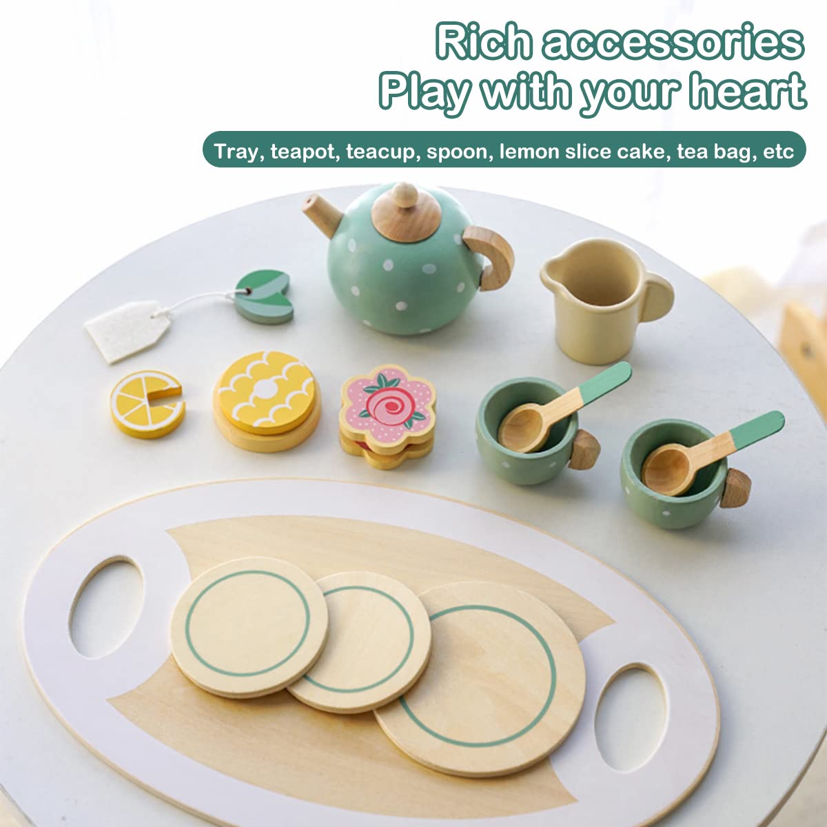 Toy Tea Set, Wooden Pretend Play Tea Party Set, Tea Time Toy Set, Role Play Toy Kitchen Accessories, Dessert Food Playset Interactive Simulation Teacup Toy for Toddlers Kids