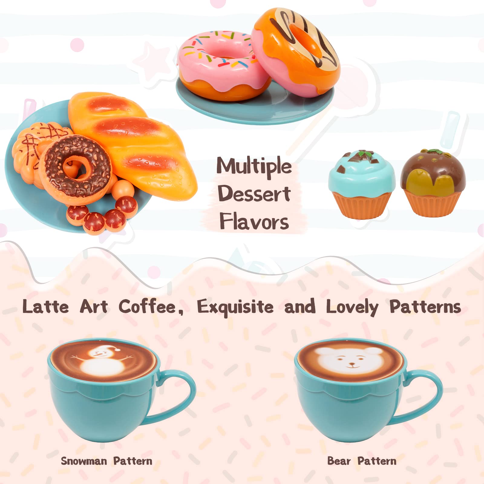 Tea Party Set for Little Girls, Coffee Maker Toy Pretend Role Play Ice Cream Maker Play Food Dessert Donuts Cup Cake Bread Kitchenware Play Kitchen Set for Kids (Tea Party Set)