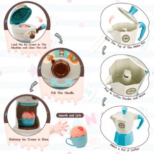 Tea Party Set for Little Girls, Coffee Maker Toy Pretend Role Play Ice Cream Maker Play Food Dessert Donuts Cup Cake Bread Kitchenware Play Kitchen Set for Kids (Tea Party Set)