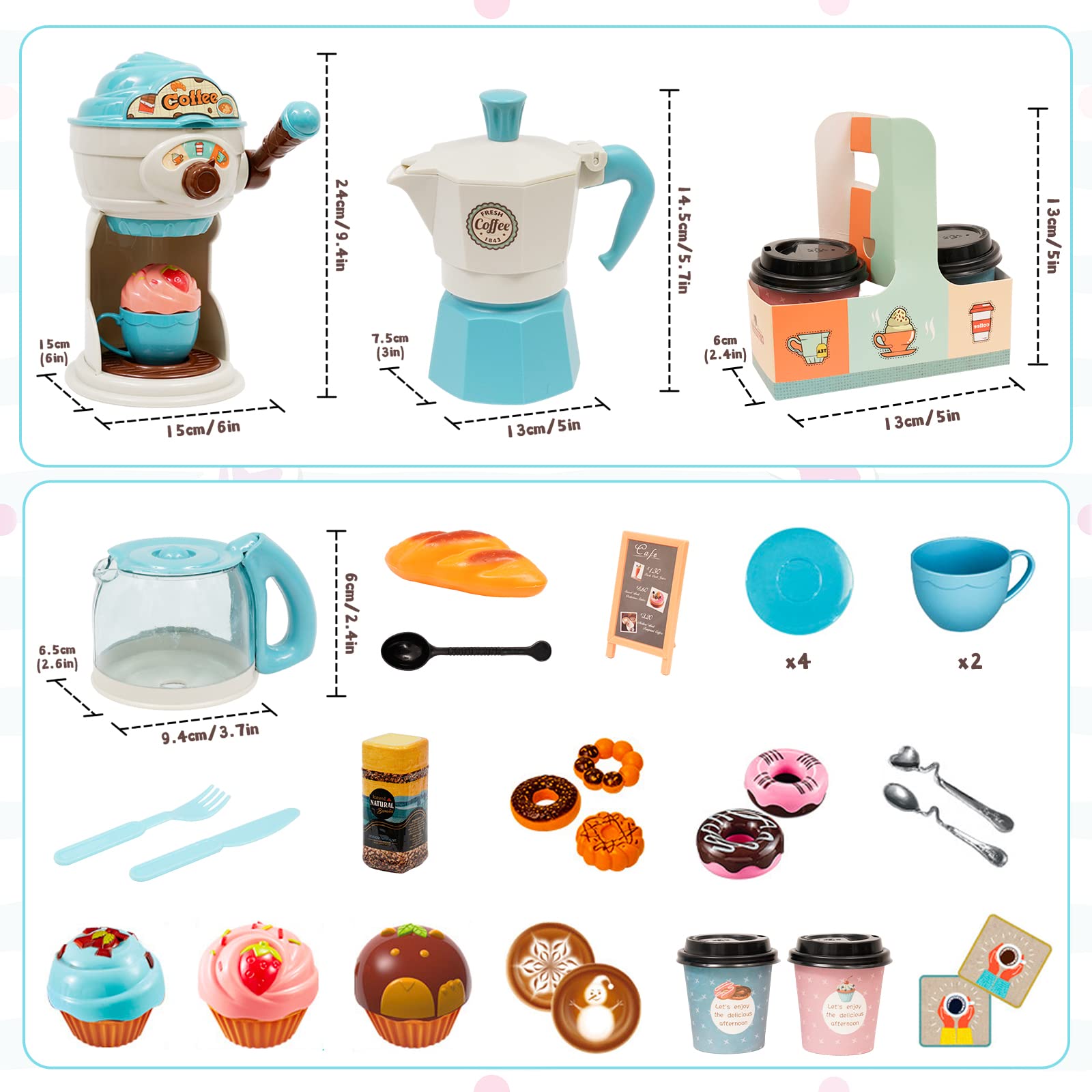 Tea Party Set for Little Girls, Coffee Maker Toy Pretend Role Play Ice Cream Maker Play Food Dessert Donuts Cup Cake Bread Kitchenware Play Kitchen Set for Kids (Tea Party Set)