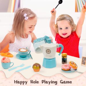 Tea Party Set for Little Girls, Coffee Maker Toy Pretend Role Play Ice Cream Maker Play Food Dessert Donuts Cup Cake Bread Kitchenware Play Kitchen Set for Kids (Tea Party Set)