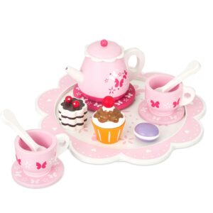 13 pc wooden tea set toy - includes wood tea pot, carrying tray, teacups, cupcakes. made with premium materials - encourages pretend play and communication skills - wooden toys for children 3+