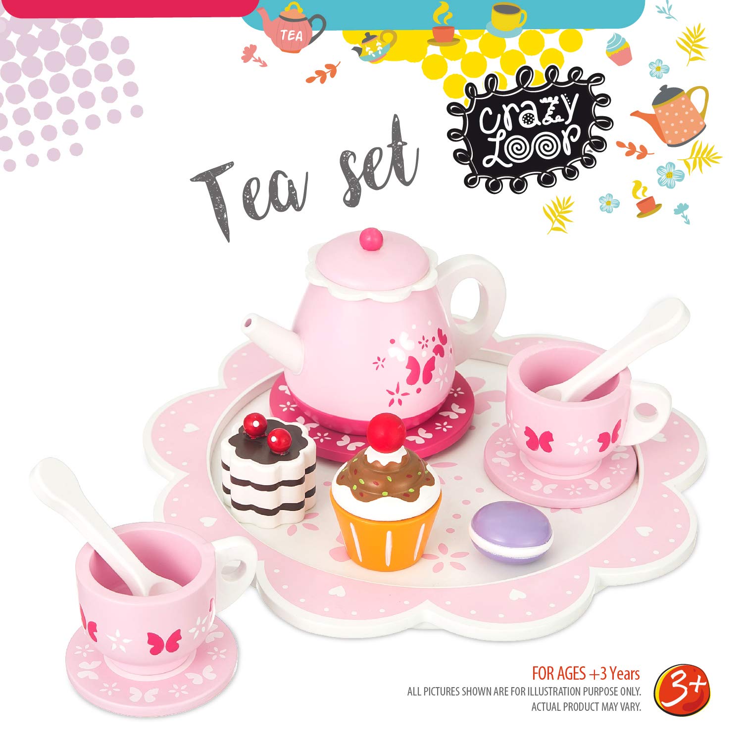 13 Pc Wooden Tea Set Toy - Includes Wood Tea Pot, Carrying Tray, teacups, Cupcakes. Made with Premium Materials - Encourages Pretend Play and Communication Skills - Wooden Toys for Children 3+