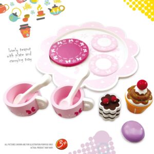 13 Pc Wooden Tea Set Toy - Includes Wood Tea Pot, Carrying Tray, teacups, Cupcakes. Made with Premium Materials - Encourages Pretend Play and Communication Skills - Wooden Toys for Children 3+