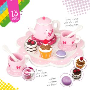 13 Pc Wooden Tea Set Toy - Includes Wood Tea Pot, Carrying Tray, teacups, Cupcakes. Made with Premium Materials - Encourages Pretend Play and Communication Skills - Wooden Toys for Children 3+