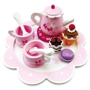 13 Pc Wooden Tea Set Toy - Includes Wood Tea Pot, Carrying Tray, teacups, Cupcakes. Made with Premium Materials - Encourages Pretend Play and Communication Skills - Wooden Toys for Children 3+