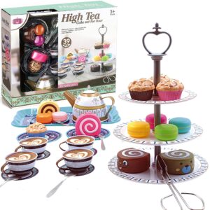 39 piece princess tea party set for little girls , afternoon tin metal tea set with 3 tier party cake stand, vintage design, play food dessert accessories, teapot, saucers, and tea cups for kids