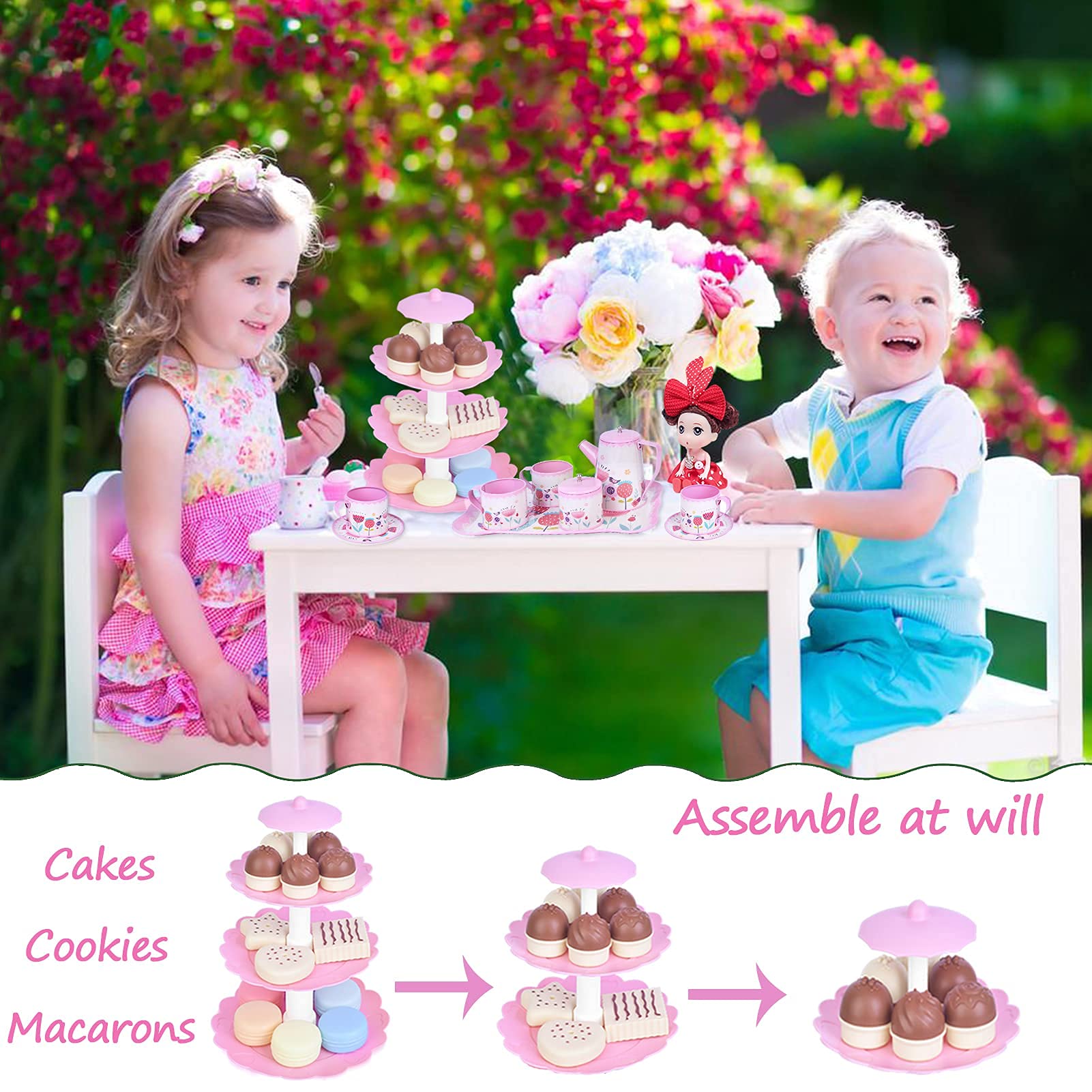 Tea Party Set for Little Girls - Tea Set Kids 38 Pcs Princess Tea Toy Set Including Teapot Tray Dessert Tower Cookie Cake Cute Dolls Kitchen Pretend Play Toy Gifts for Girls Age 3 4 5 6 7 8