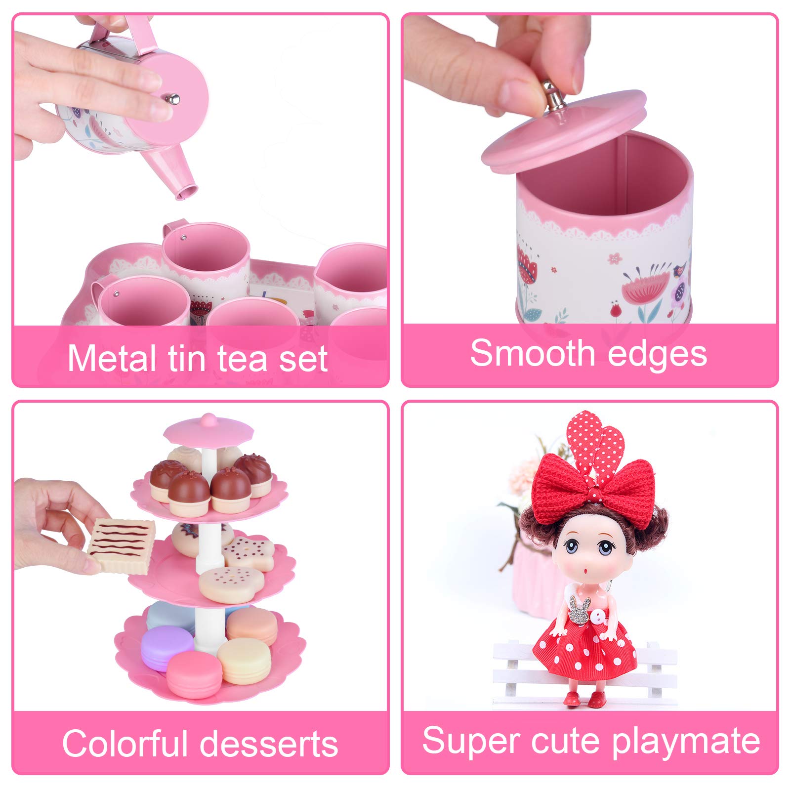 Tea Party Set for Little Girls - Tea Set Kids 38 Pcs Princess Tea Toy Set Including Teapot Tray Dessert Tower Cookie Cake Cute Dolls Kitchen Pretend Play Toy Gifts for Girls Age 3 4 5 6 7 8