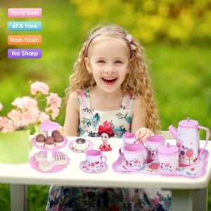 Tea Party Set for Little Girls - Tea Set Kids 38 Pcs Princess Tea Toy Set Including Teapot Tray Dessert Tower Cookie Cake Cute Dolls Kitchen Pretend Play Toy Gifts for Girls Age 3 4 5 6 7 8