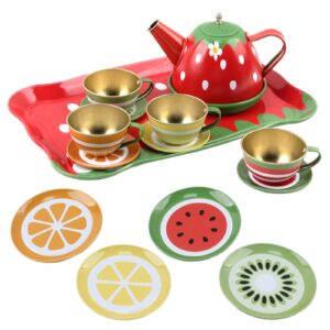 vokodo kids fruit themed pretend play tea set 14 piece durably built from food-safe material bpa-free kitchen playset perfect early learning preschool toy great gift for children girls boys toddlers