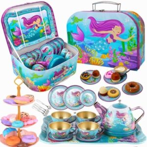 48pcs tea party set for little girls - princess tea time mermaid theme tin tea set, role-playing teapot dessert carrying box for girls ages 3+ party gifts, kitchen pretend play, table-manner learning