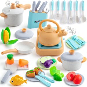 efoshm pretend play kitchen accessories set, 44pcs kids kitchen playset cookware toys with play pots and pans, gas stove with sound & light,cooking utensils play food kitchen toys gift for girls boys