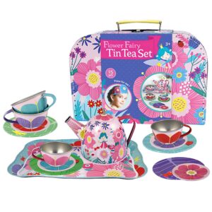 bright stripes 15 piece tin tea set for little girls, pretend play toys for kids with carry case, invites, place cards, tea party fun, children’s kitchen accessories, in a flower fairy theme.