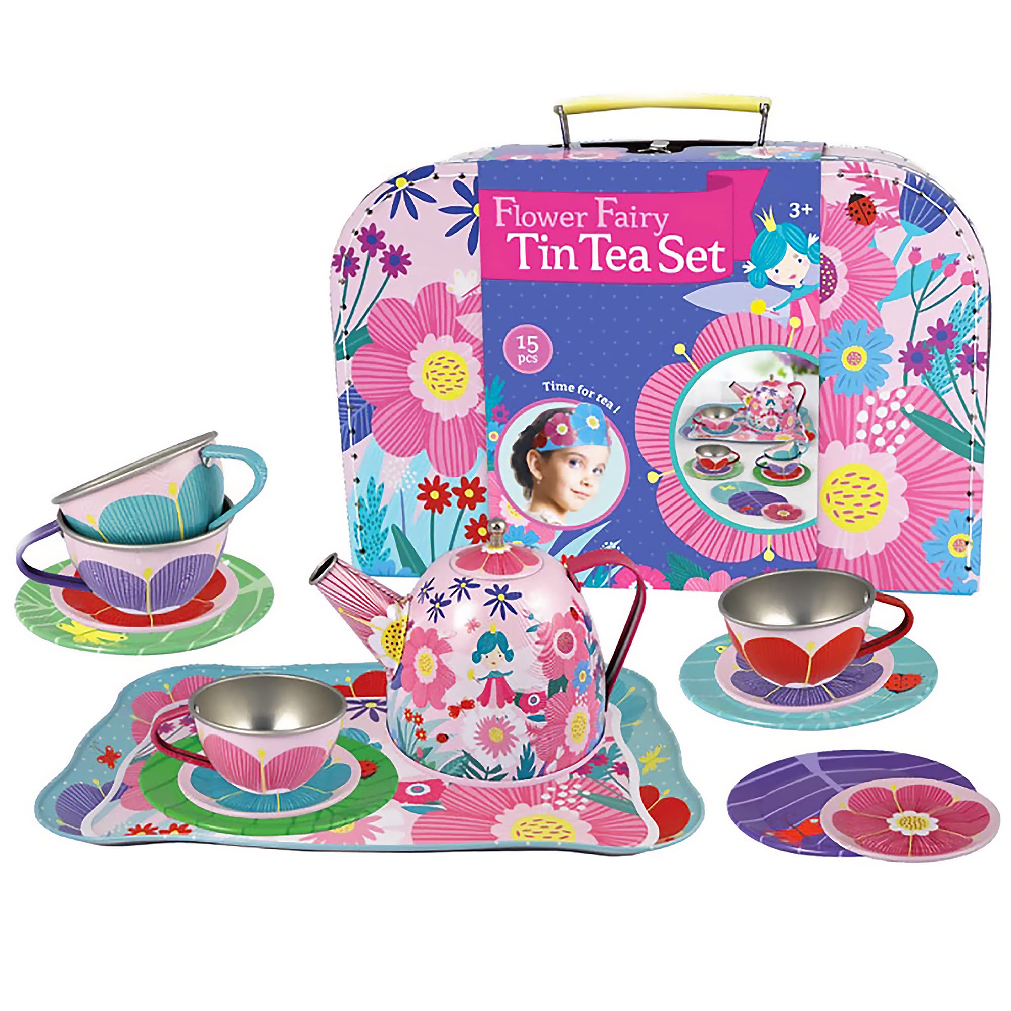 Bright Stripes 15 Piece Tin Tea Set for Little Girls, Pretend Play Toys for Kids with Carry Case, Invites, Place Cards, Tea Party Fun, Children’s Kitchen Accessories, in a Flower Fairy Theme.