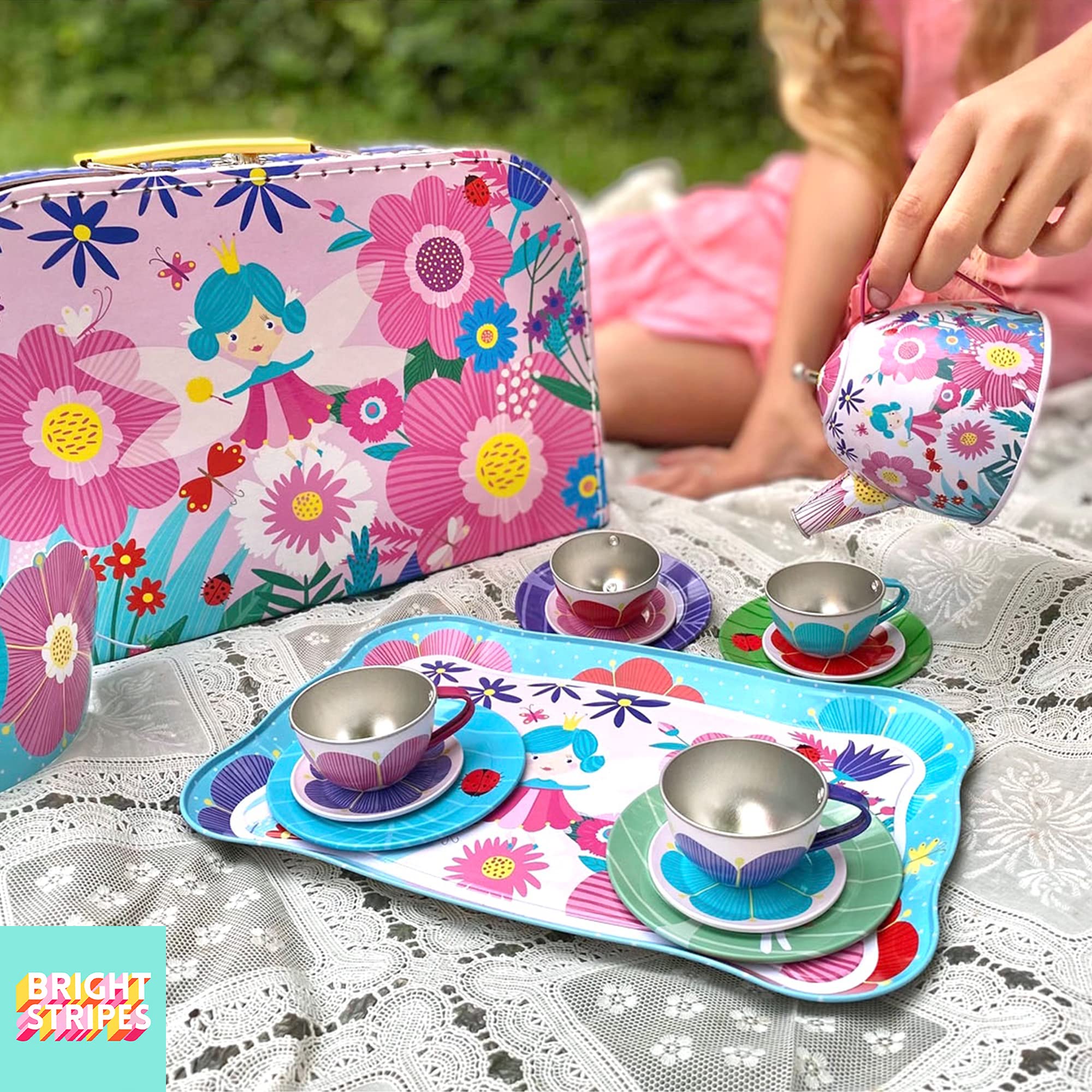 Bright Stripes 15 Piece Tin Tea Set for Little Girls, Pretend Play Toys for Kids with Carry Case, Invites, Place Cards, Tea Party Fun, Children’s Kitchen Accessories, in a Flower Fairy Theme.