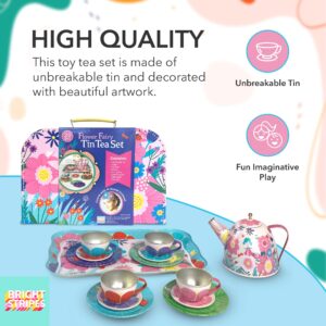 Bright Stripes 15 Piece Tin Tea Set for Little Girls, Pretend Play Toys for Kids with Carry Case, Invites, Place Cards, Tea Party Fun, Children’s Kitchen Accessories, in a Flower Fairy Theme.