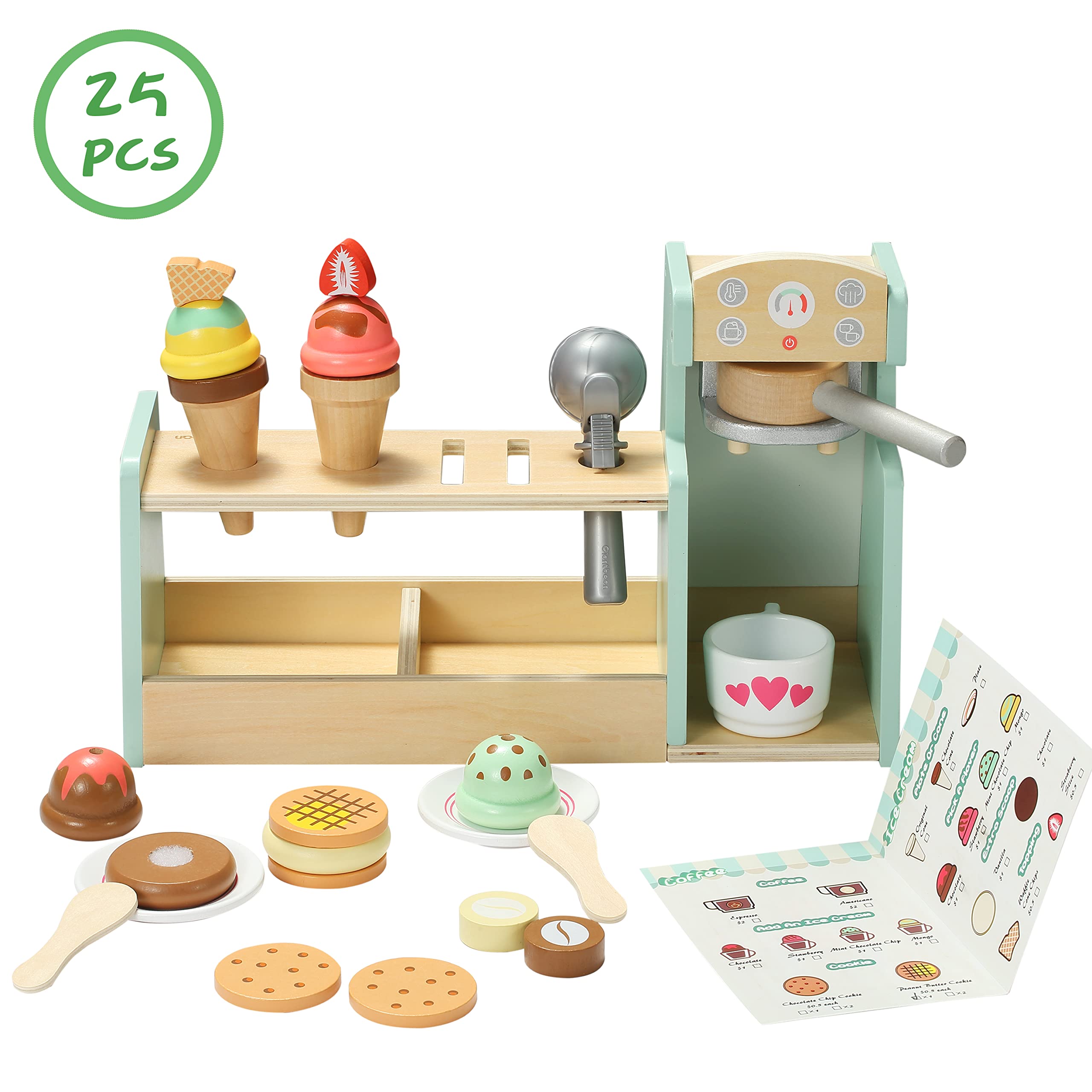 Giant bean Wooden Ice Cream, Coffee and Frozen Treat 3-in-1 Counter Playset, 25 PCS Toddler Pretend Play Kitchen Accessories, Kids Wooden Toys for 1+, Christmas Birthday Gift for Kids