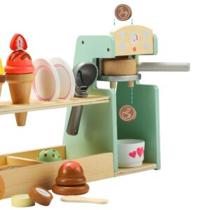 Giant bean Wooden Ice Cream, Coffee and Frozen Treat 3-in-1 Counter Playset, 25 PCS Toddler Pretend Play Kitchen Accessories, Kids Wooden Toys for 1+, Christmas Birthday Gift for Kids