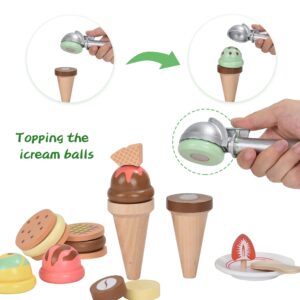 Giant bean Wooden Ice Cream, Coffee and Frozen Treat 3-in-1 Counter Playset, 25 PCS Toddler Pretend Play Kitchen Accessories, Kids Wooden Toys for 1+, Christmas Birthday Gift for Kids