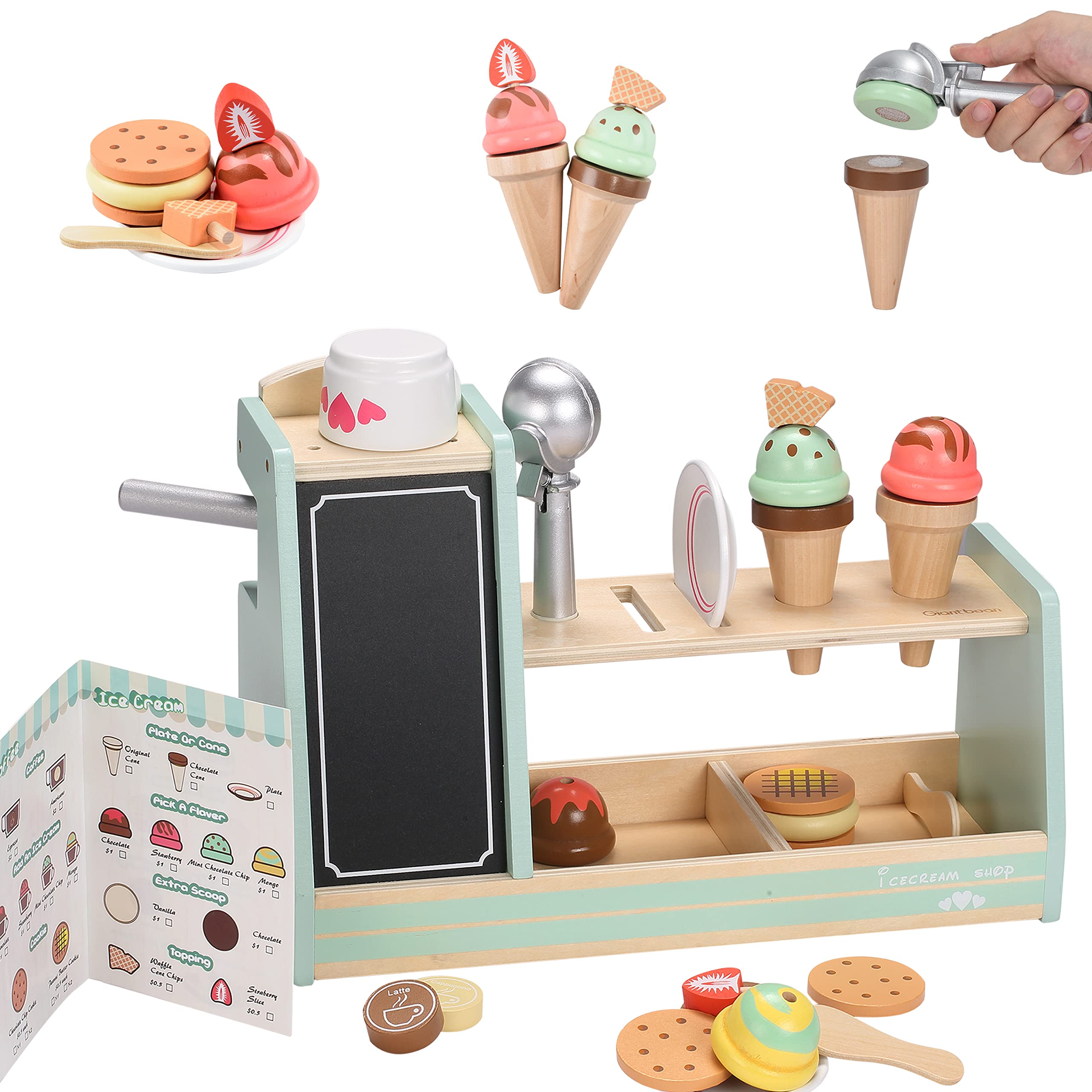 Giant bean Wooden Ice Cream, Coffee and Frozen Treat 3-in-1 Counter Playset, 25 PCS Toddler Pretend Play Kitchen Accessories, Kids Wooden Toys for 1+, Christmas Birthday Gift for Kids