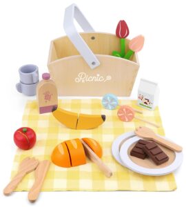 pillowhale wooden picnic basket playset toy,pretend play food sharing playset with cutting fruits, kids imagination play for girls boys toddlers 3 years old and up