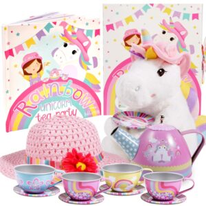 tickle & main rainbow unicorn tea party gift set, tea set for little girls with unicorn plushie