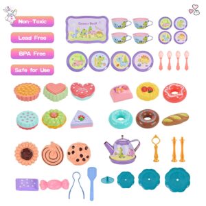 Yosamy 45Pcs Tea Party Set for Little Girls Princess Tea Time Toy Playset Ocean/Dinosaur Theme Kids Tea Set with Desserts & Carrying Case Kitchen Pretend Toy for Kids Toddlers Age 3 4 5 6 (Dinosaur)