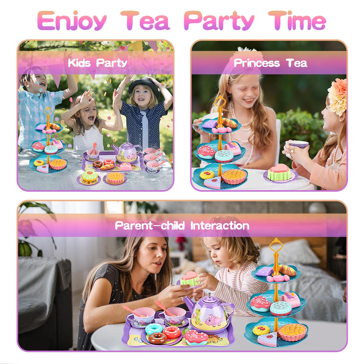 Yosamy 45Pcs Tea Party Set for Little Girls Princess Tea Time Toy Playset Ocean/Dinosaur Theme Kids Tea Set with Desserts & Carrying Case Kitchen Pretend Toy for Kids Toddlers Age 3 4 5 6 (Dinosaur)