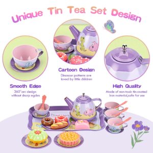 Yosamy 45Pcs Tea Party Set for Little Girls Princess Tea Time Toy Playset Ocean/Dinosaur Theme Kids Tea Set with Desserts & Carrying Case Kitchen Pretend Toy for Kids Toddlers Age 3 4 5 6 (Dinosaur)