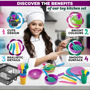 Play Kitchen Pots and Pans for Kids Kitchen Playset - 27Pcs Toy Plates and Dishes for Kitchen Set Plastic Dishes and Utensil Sets for Play Kitchens - Kids Playset Play Dishes for Kids Kitchen Toys