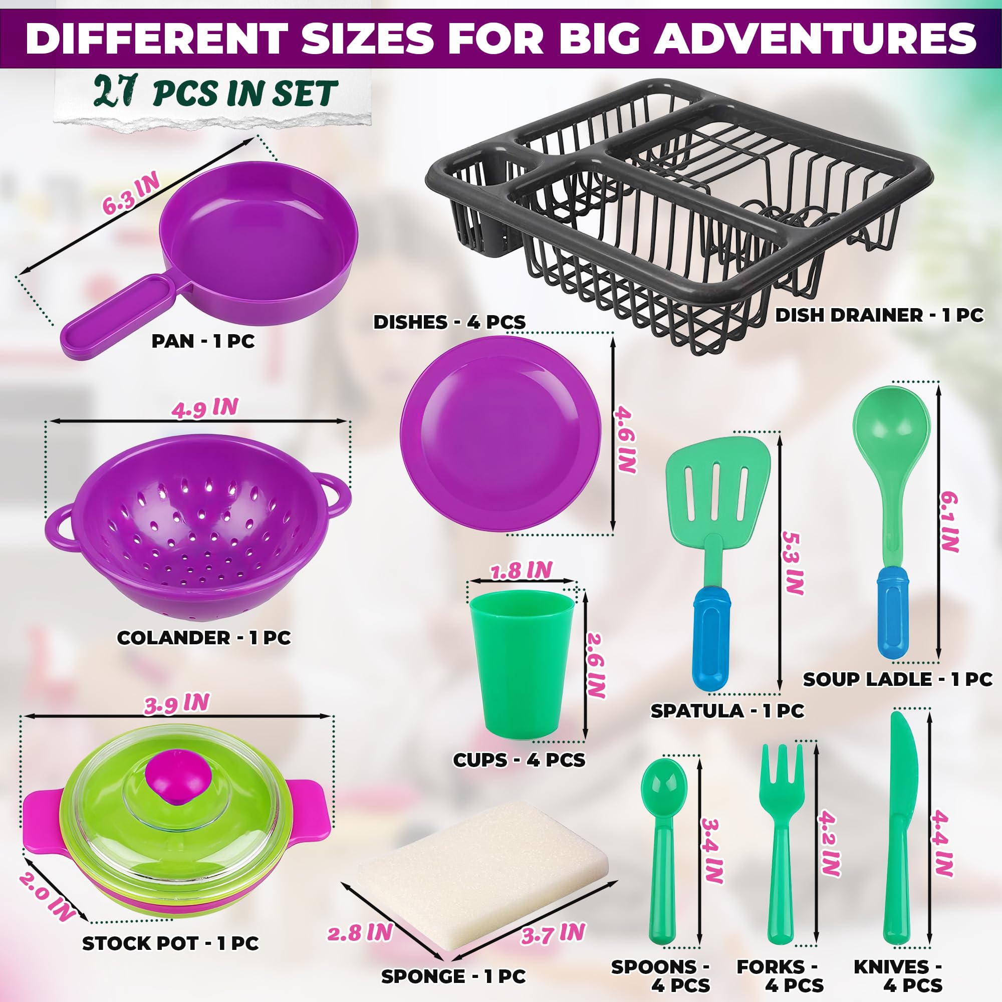 Play Kitchen Pots and Pans for Kids Kitchen Playset - 27Pcs Toy Plates and Dishes for Kitchen Set Plastic Dishes and Utensil Sets for Play Kitchens - Kids Playset Play Dishes for Kids Kitchen Toys