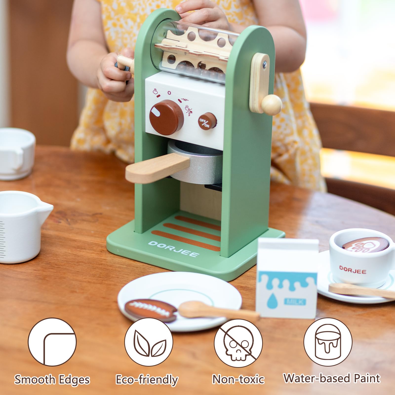 Pretend Play Kitchen Set for Toddlers, Wooden Tea Set for Little Girls, Wood Toy Coffee Maker Set for Kids