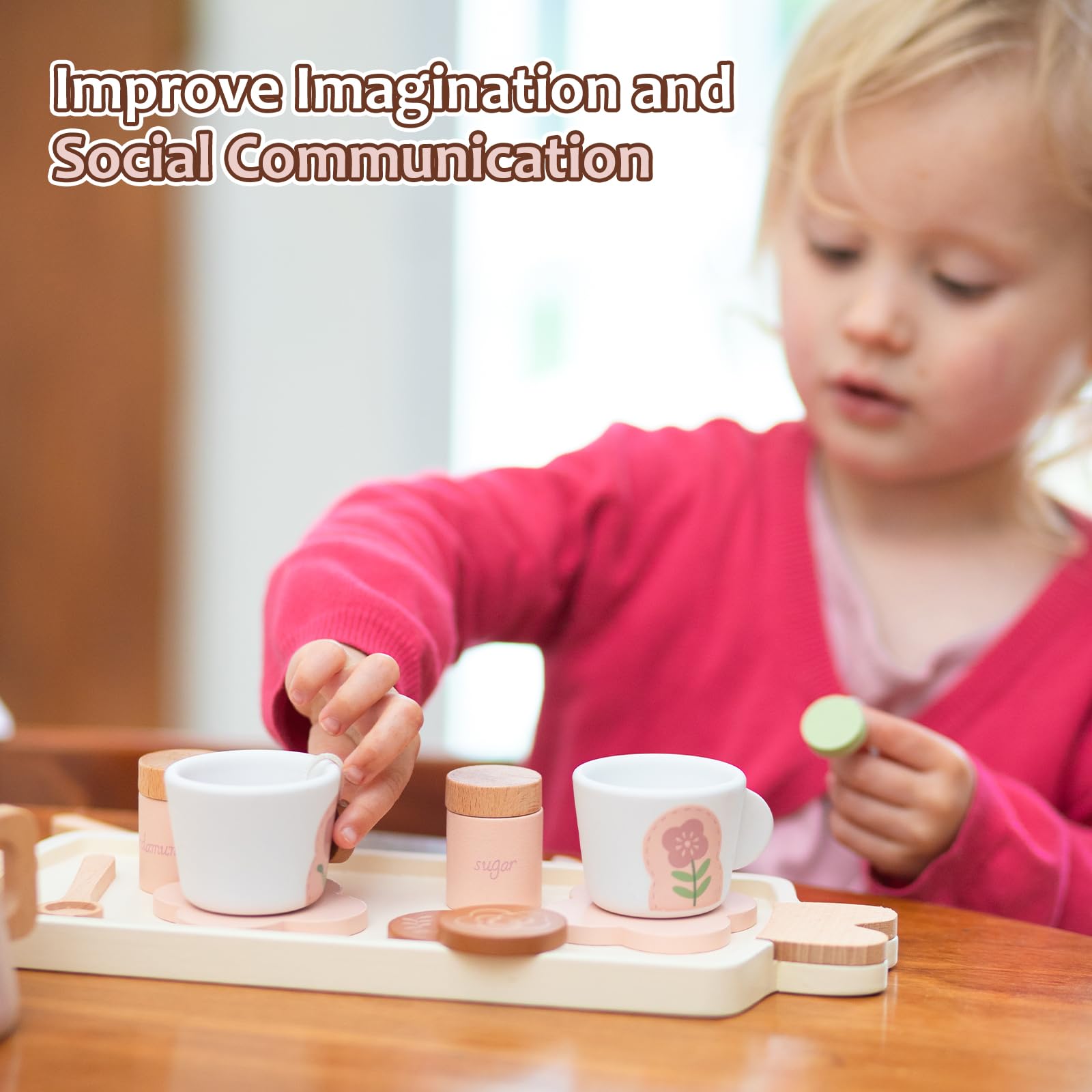 Pretend Play Kitchen Set for Toddlers, Wooden Tea Set for Little Girls, Wood Toy Coffee Maker Set for Kids