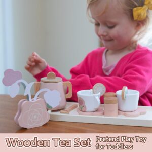 Pretend Play Kitchen Set for Toddlers, Wooden Tea Set for Little Girls, Wood Toy Coffee Maker Set for Kids