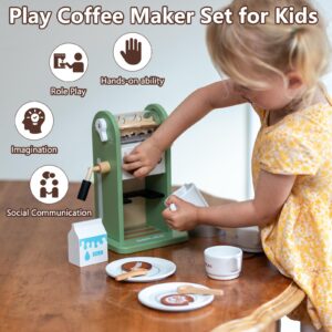 Pretend Play Kitchen Set for Toddlers, Wooden Tea Set for Little Girls, Wood Toy Coffee Maker Set for Kids