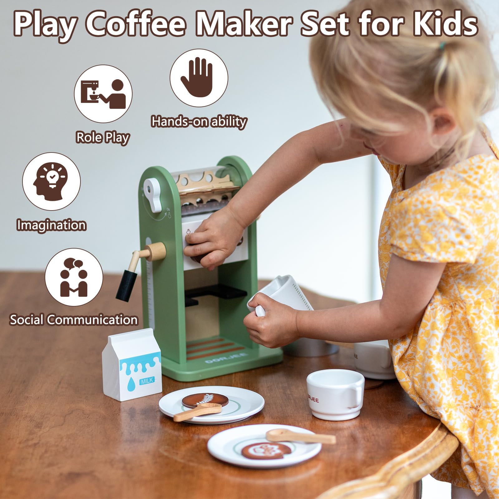 Pretend Play Kitchen Set for Toddlers, Wooden Tea Set for Little Girls, Wood Toy Coffee Maker Set for Kids