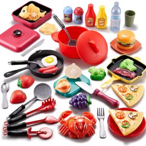 comirth play kitchen accessories – 48pc kitchen toys, kids kitchen playset with kids pots and pans playset, pretend play food fruit, veggies, pizza, cooking toys & utensils, kitchen set for kids gift