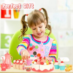 GILOBABY Birthday Cake Toy with Lights & Birthday Music, Pretend Play Cutting Food Kitchen Toy with Tea Set Bread Roll, Chocolate, Sandy & Dessert, Gift for Girls Boys 3 4 5 Year Old (82 PCS)