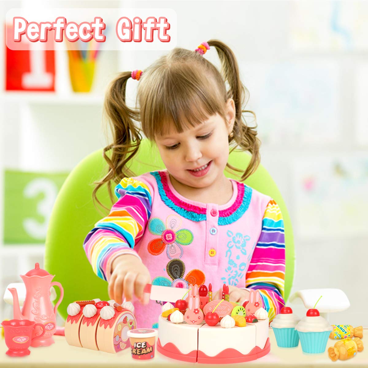 GILOBABY Birthday Cake Toy with Lights & Birthday Music, Pretend Play Cutting Food Kitchen Toy with Tea Set Bread Roll, Chocolate, Sandy & Dessert, Gift for Girls Boys 3 4 5 Year Old (82 PCS)