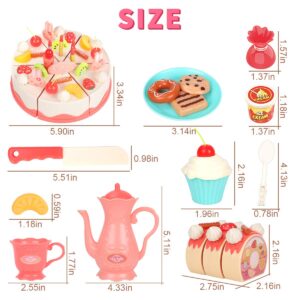 GILOBABY Birthday Cake Toy with Lights & Birthday Music, Pretend Play Cutting Food Kitchen Toy with Tea Set Bread Roll, Chocolate, Sandy & Dessert, Gift for Girls Boys 3 4 5 Year Old (82 PCS)