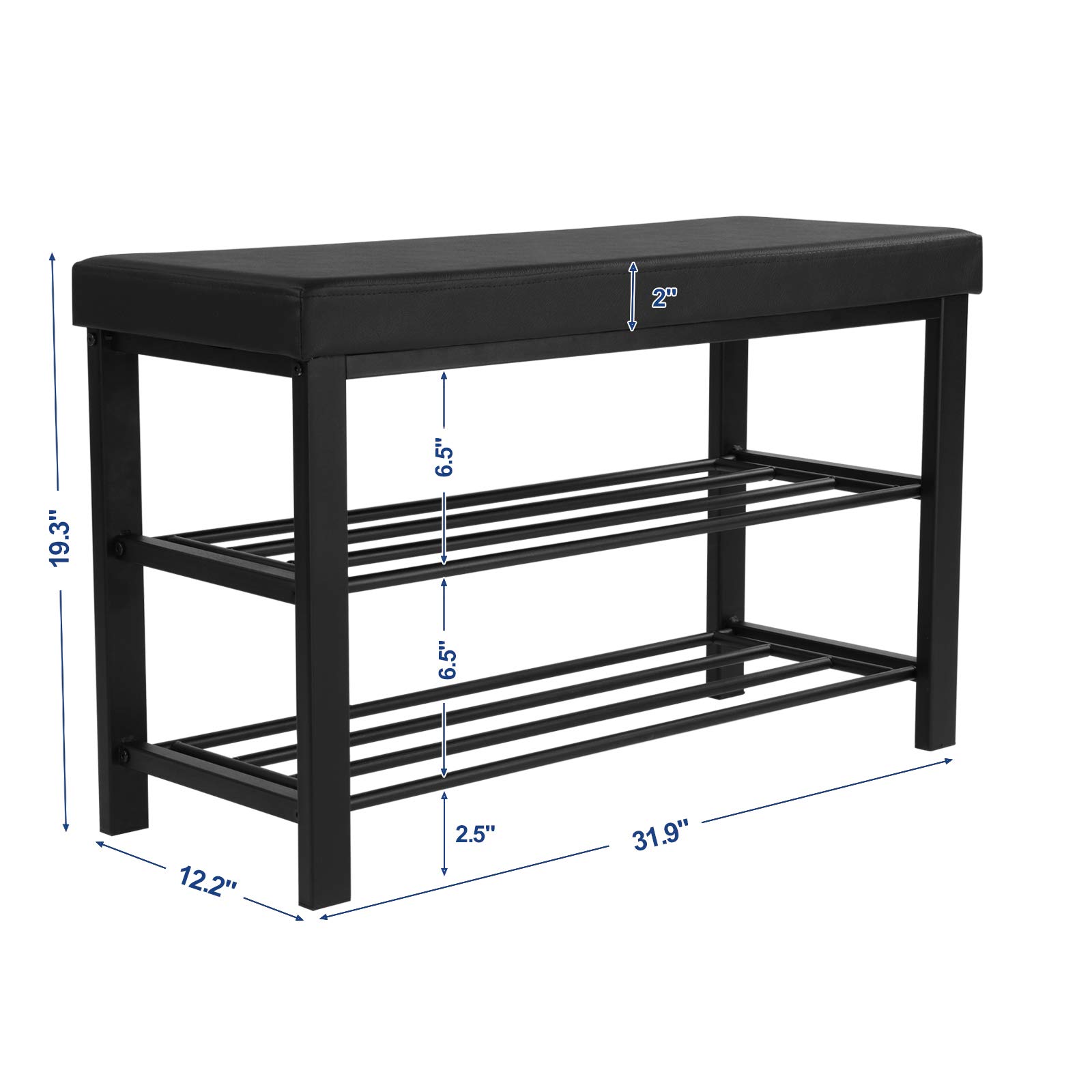 SONGMICS Shoe Bench, 3-Tier Shoe Rack for Entryway, Storage Organizer with Foam Padded Seat, Faux Leather, Metal Frame, for Living Room, Hallway, 12.2 x 31.9 x 19.3 Inches, Black ULBS58H