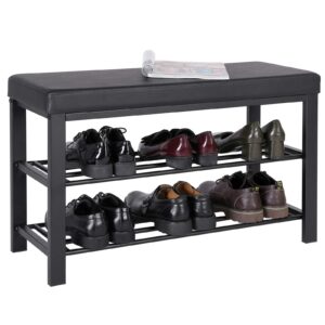 SONGMICS Shoe Bench, 3-Tier Shoe Rack for Entryway, Storage Organizer with Foam Padded Seat, Faux Leather, Metal Frame, for Living Room, Hallway, 12.2 x 31.9 x 19.3 Inches, Black ULBS58H