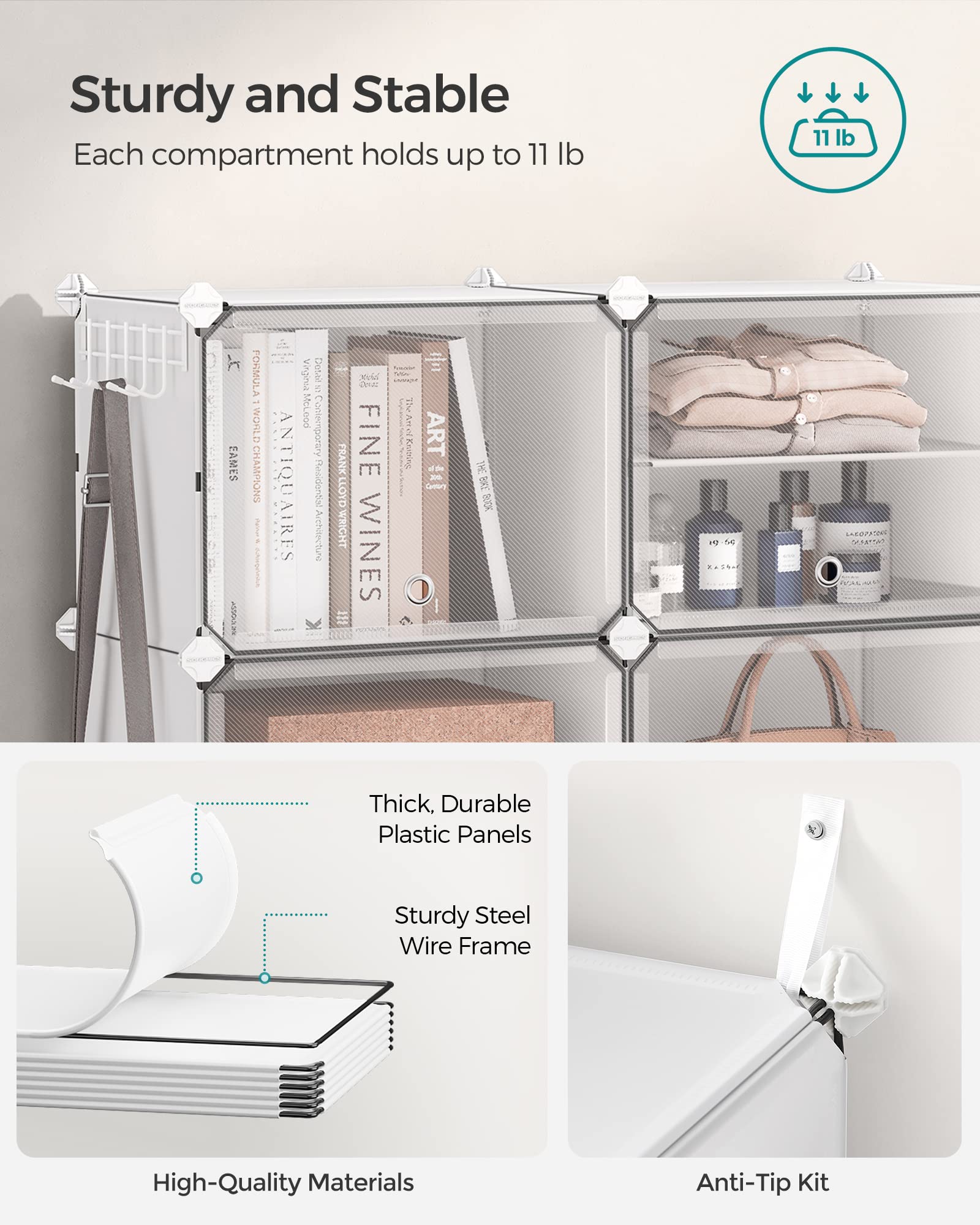 SONGMICS Shoe Rack, 10 Cubes Shoe Organizer with Doors, 40 Pair Plastic Shoe Storage Cabinet, for Bedroom, Entryway, Steel Frame, Plastic Panel, White ULPC035W01